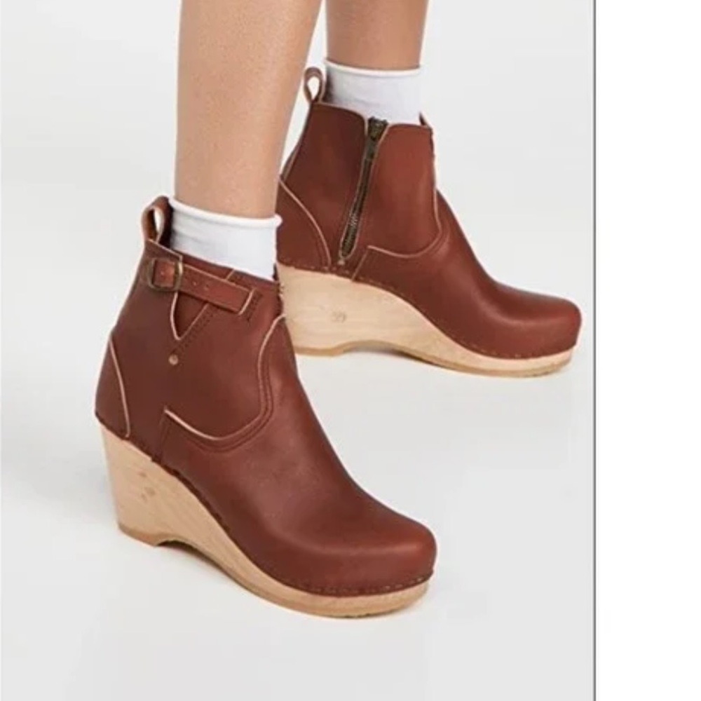 No. 6 Bourbon Brown Leather Wedge Buckle Clog Boots 38 - Gem